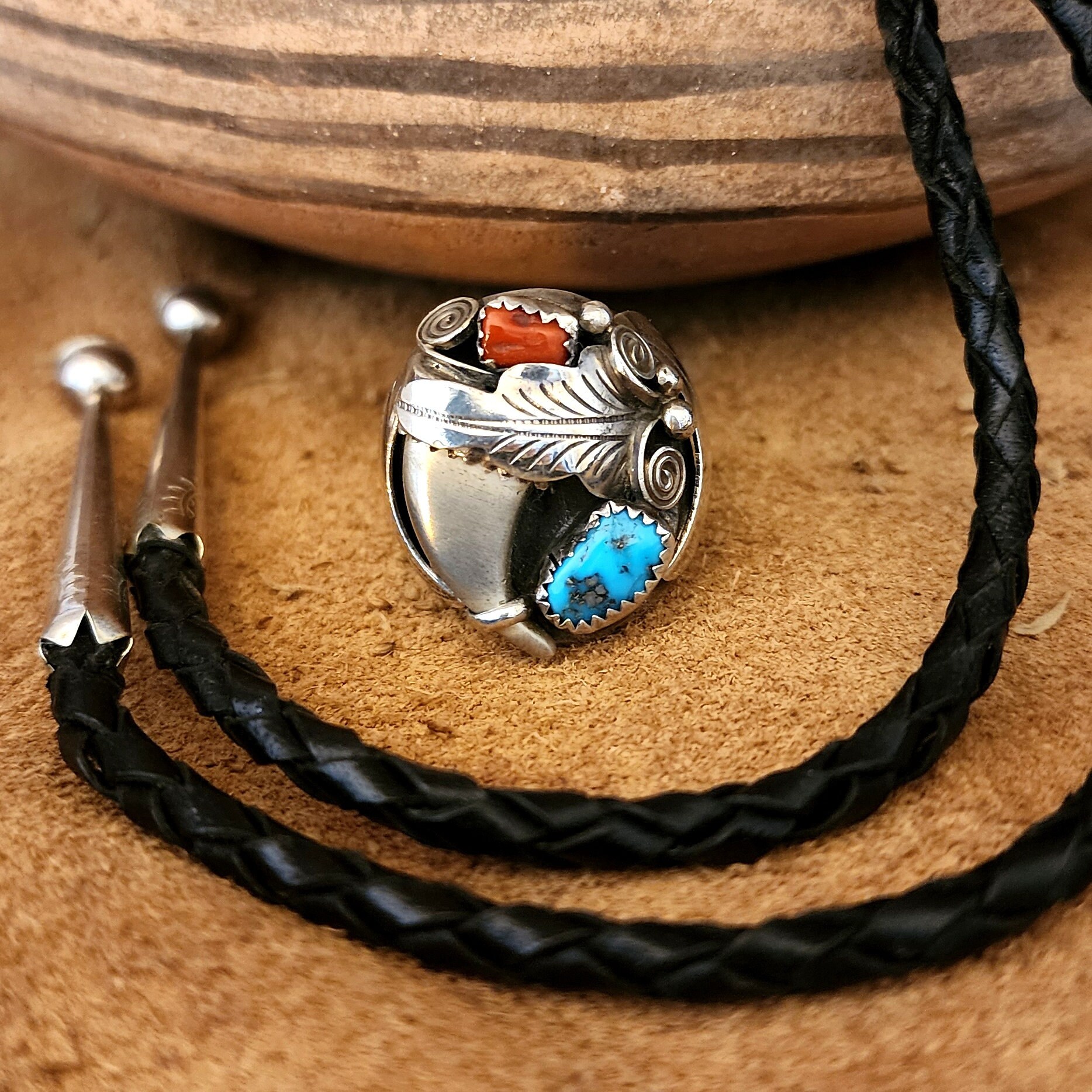 Matching Bolo and Ring Set Navajo Turquoise and Coral Bolo Sterling ...