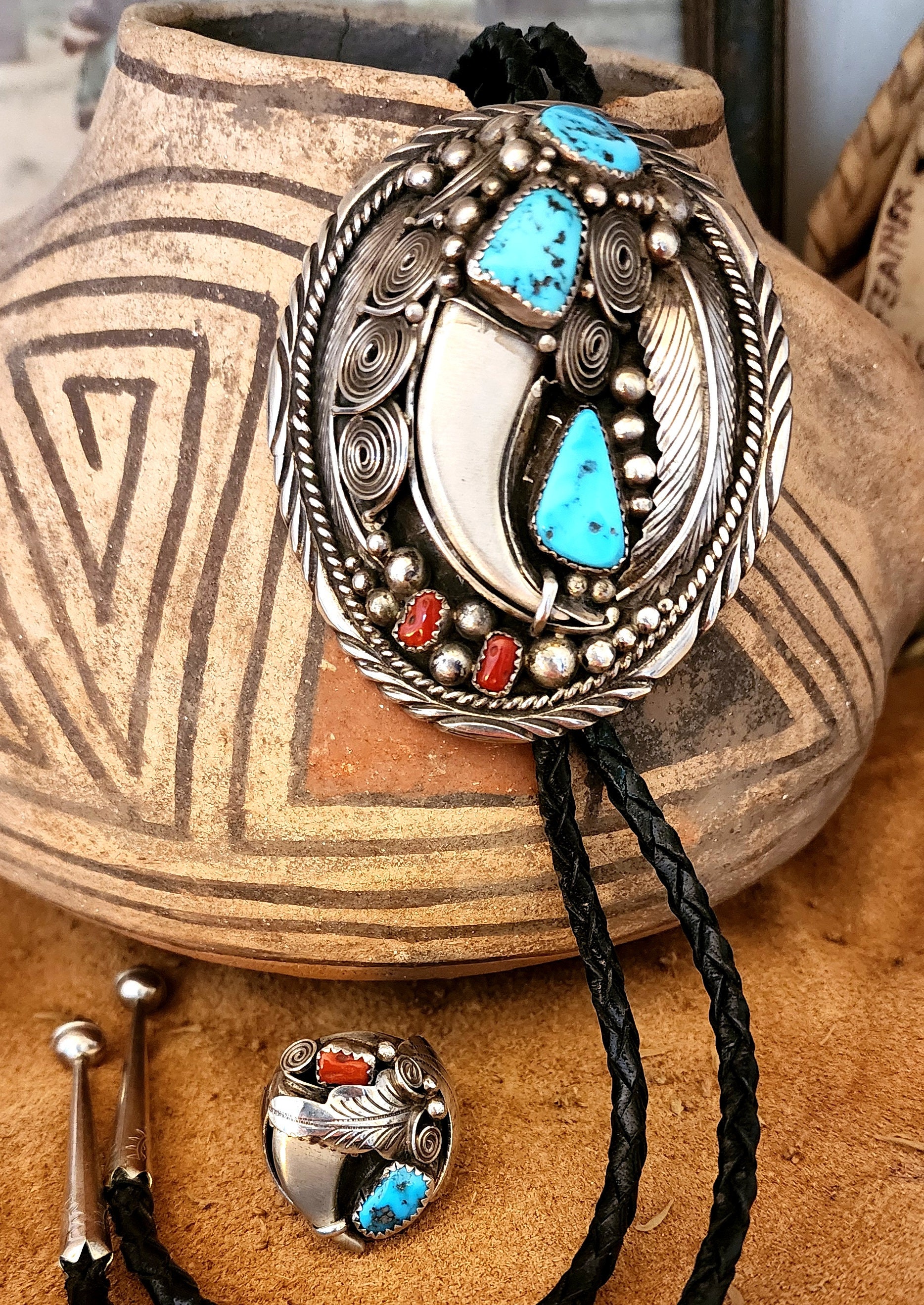 Matching Bolo and Ring Set Navajo Turquoise and Coral Bolo Sterling ...