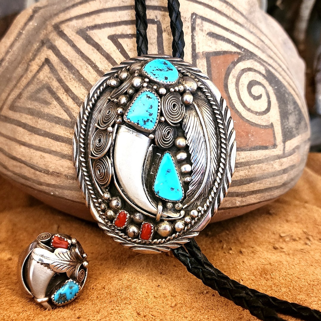 Matching Bolo and Ring Set Navajo Turquoise and Coral Bolo Sterling ...