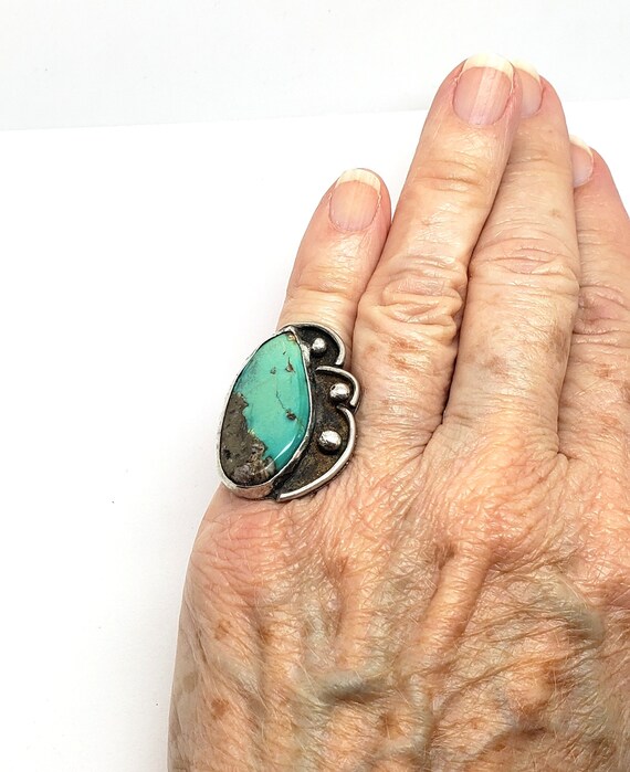 Vintage Boulder Turquoise Navajo Ring Size 5 Sterling… - Gem