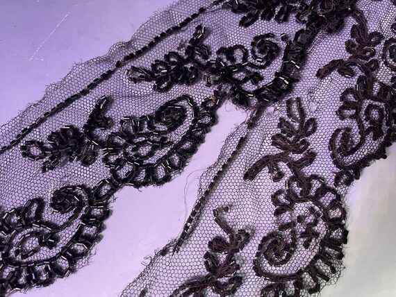 Antique Victorian Black Mourning Lace Collar Beaded C… - Gem