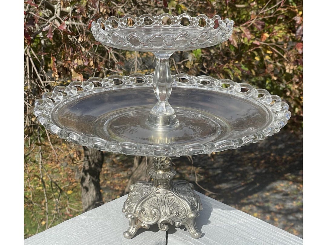 Antique Two-tiered Glass Dessert Party Appetizer Hors D’oeuvres Stand ...
