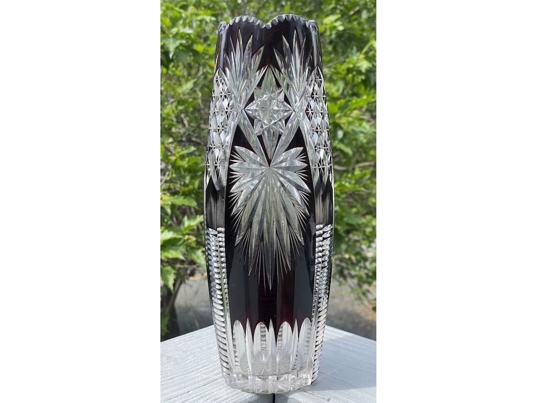10 7/8" Antique Ruby Red Glass Cut to Clear Vase Bohemian LARGE ...