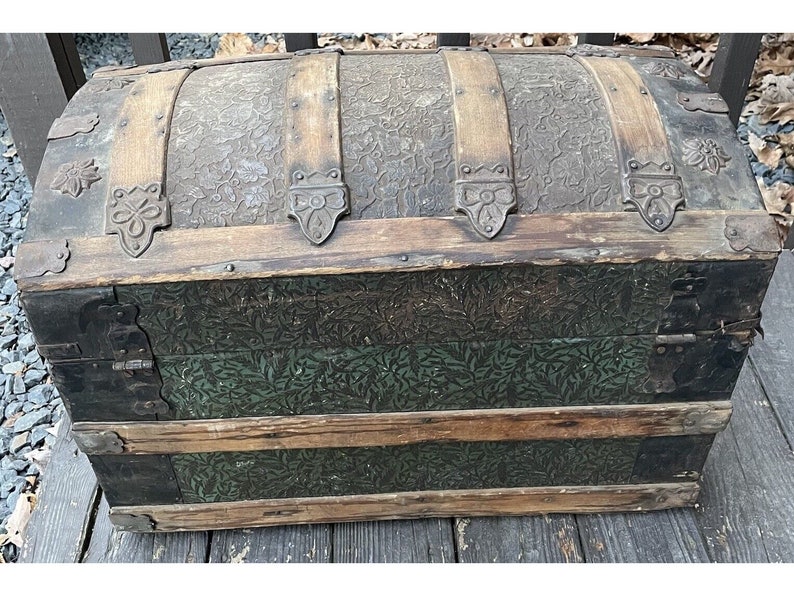 Antique 19th C. Victorian Dome Topped Tooled Leather Steamer Trunk ...