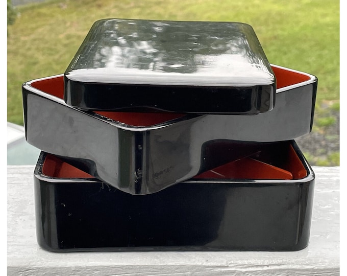Vintage Black & Red Lacquer Bento Box Japanese Stacking Tier Storage ...