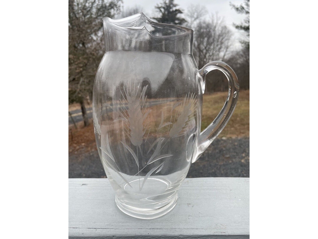 Antique Cut Etched Glass Wheat Water Pitcher Applied Handle Victorian ...