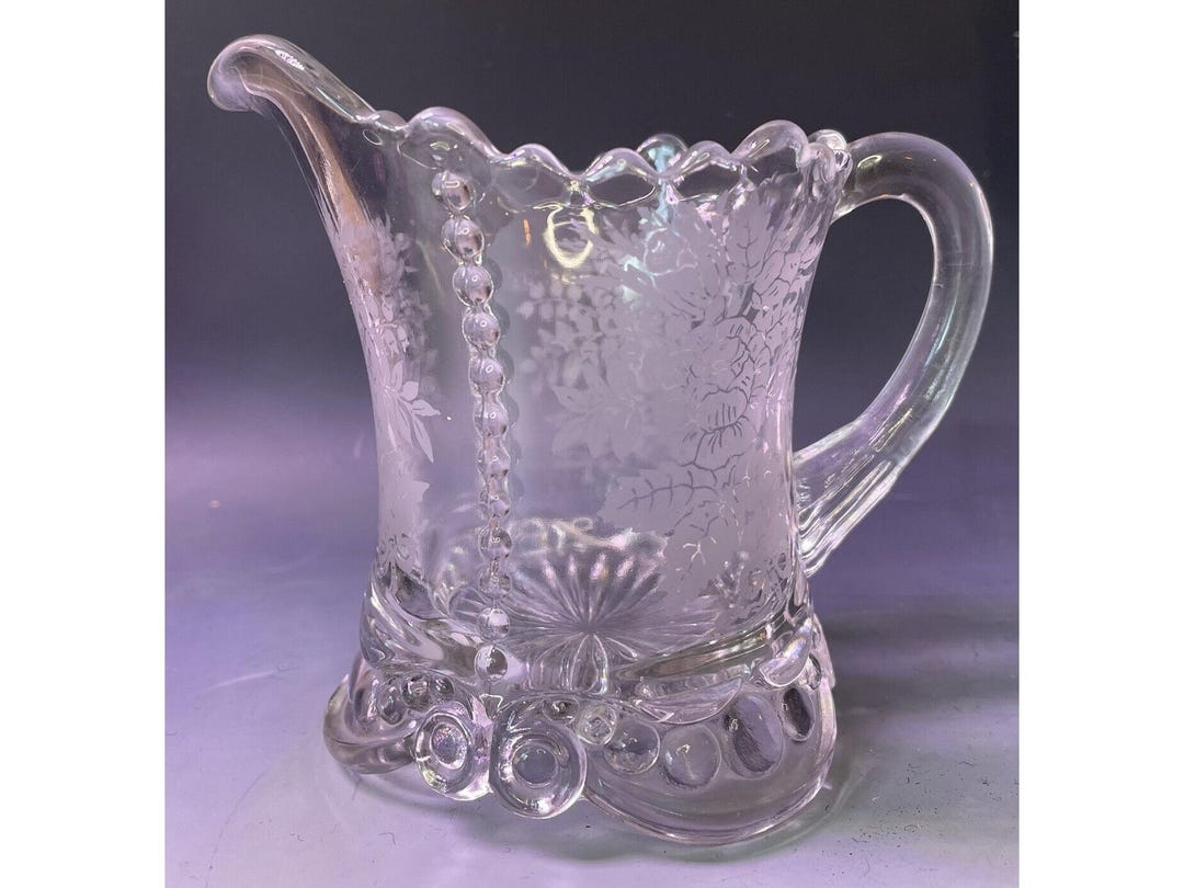 Antique Beaded Scroll Etched Creamer Pitcher Glass 19th / 20th C. EAPG ...