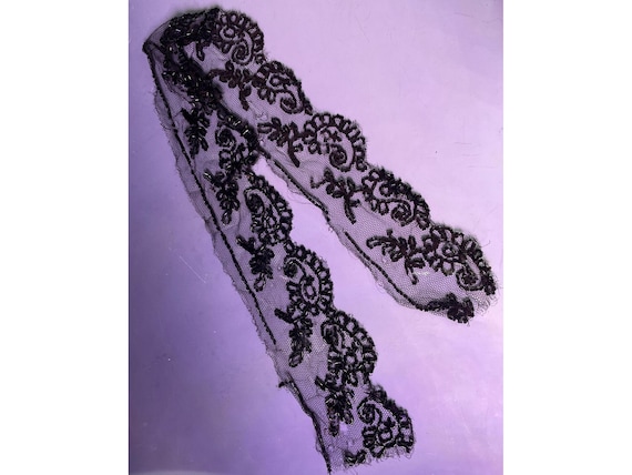 Antique Victorian Black Mourning Lace Collar Beaded C… - Gem