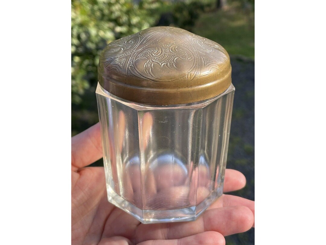 4 Antique Victorian Glass Tobacco Humidor Jar & Scrolled Snug Fit Brass ...