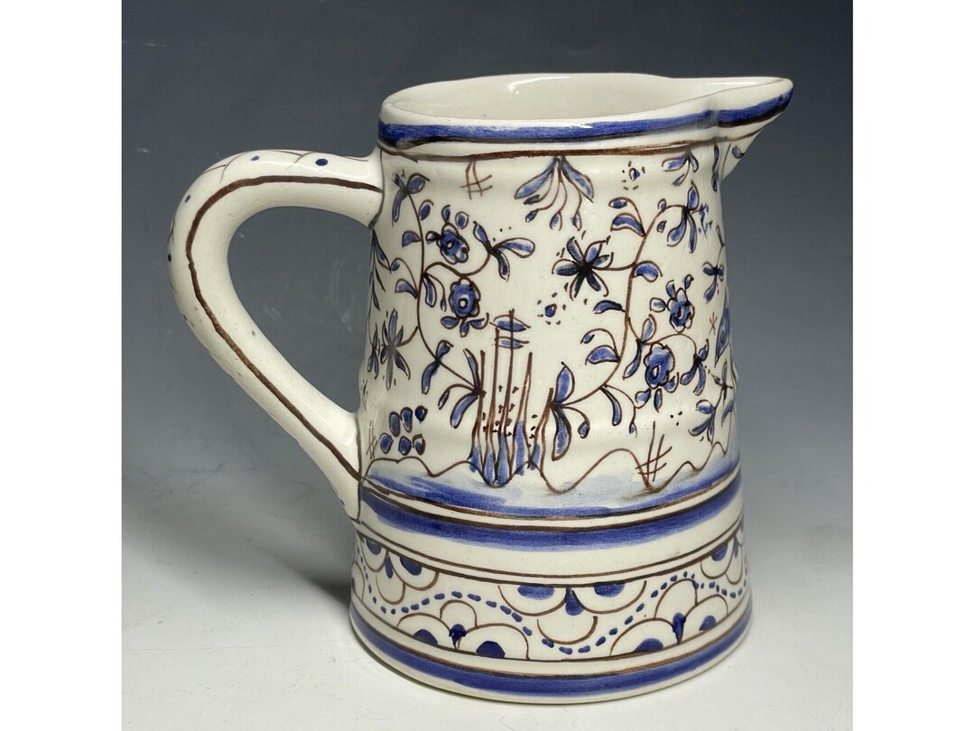Vintage 20th C. Blue Floral Ceramic Pitcher Creamer Portugal European ...