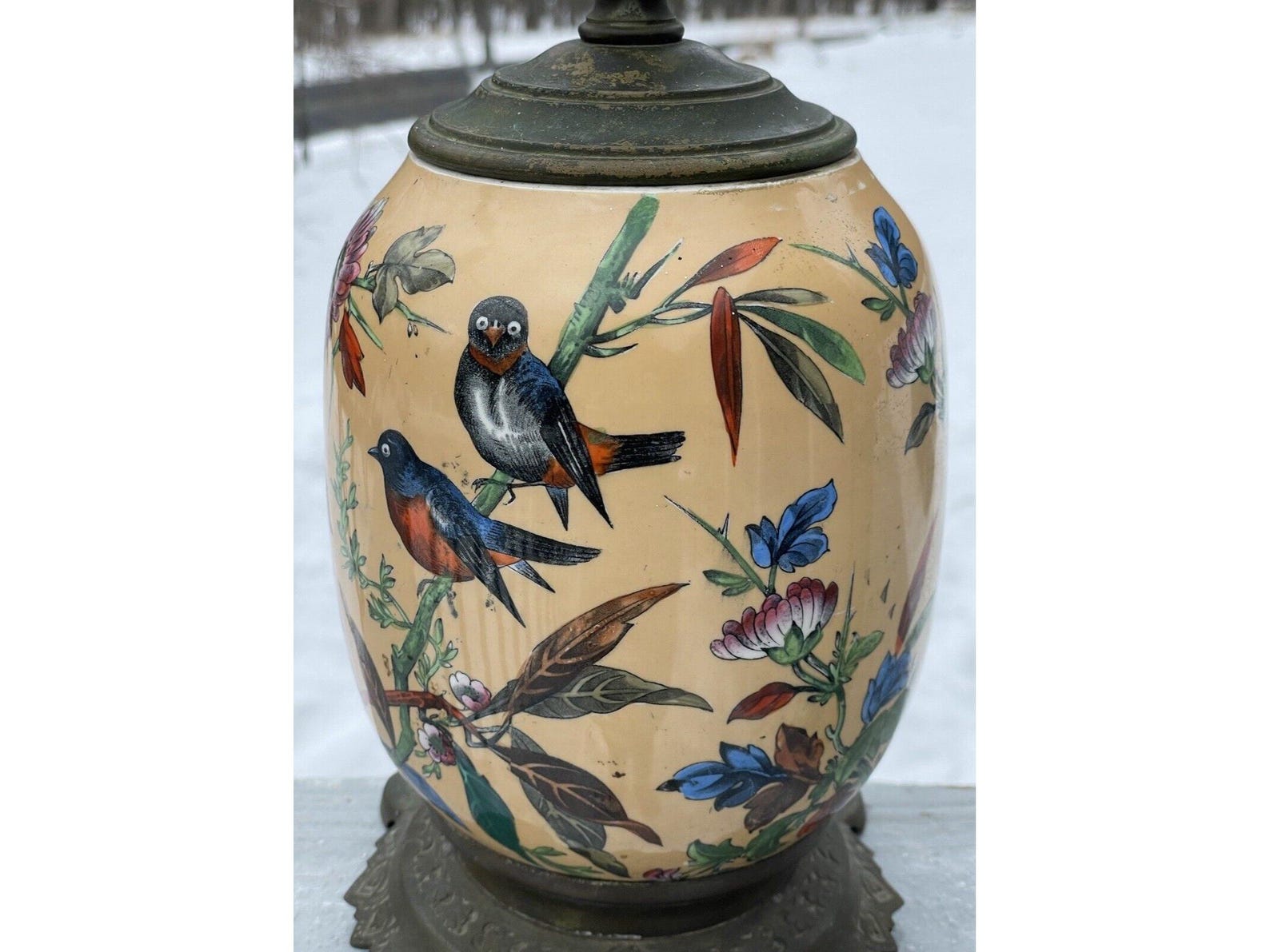 Antique Victorian - Edwardian Polychrome Bat Transferware Lamp W/ Brass ...