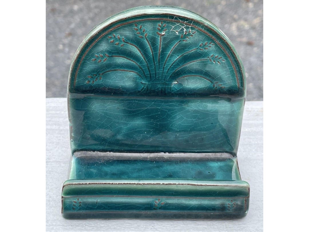 Vintage Glazed Redware Pottery Business Card Holder Teal Blue Green ...
