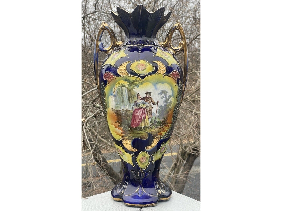 18 3/8" LARGE Antique Ceramic Vase 'dudley' Transfer Print Cobalt Blue ...