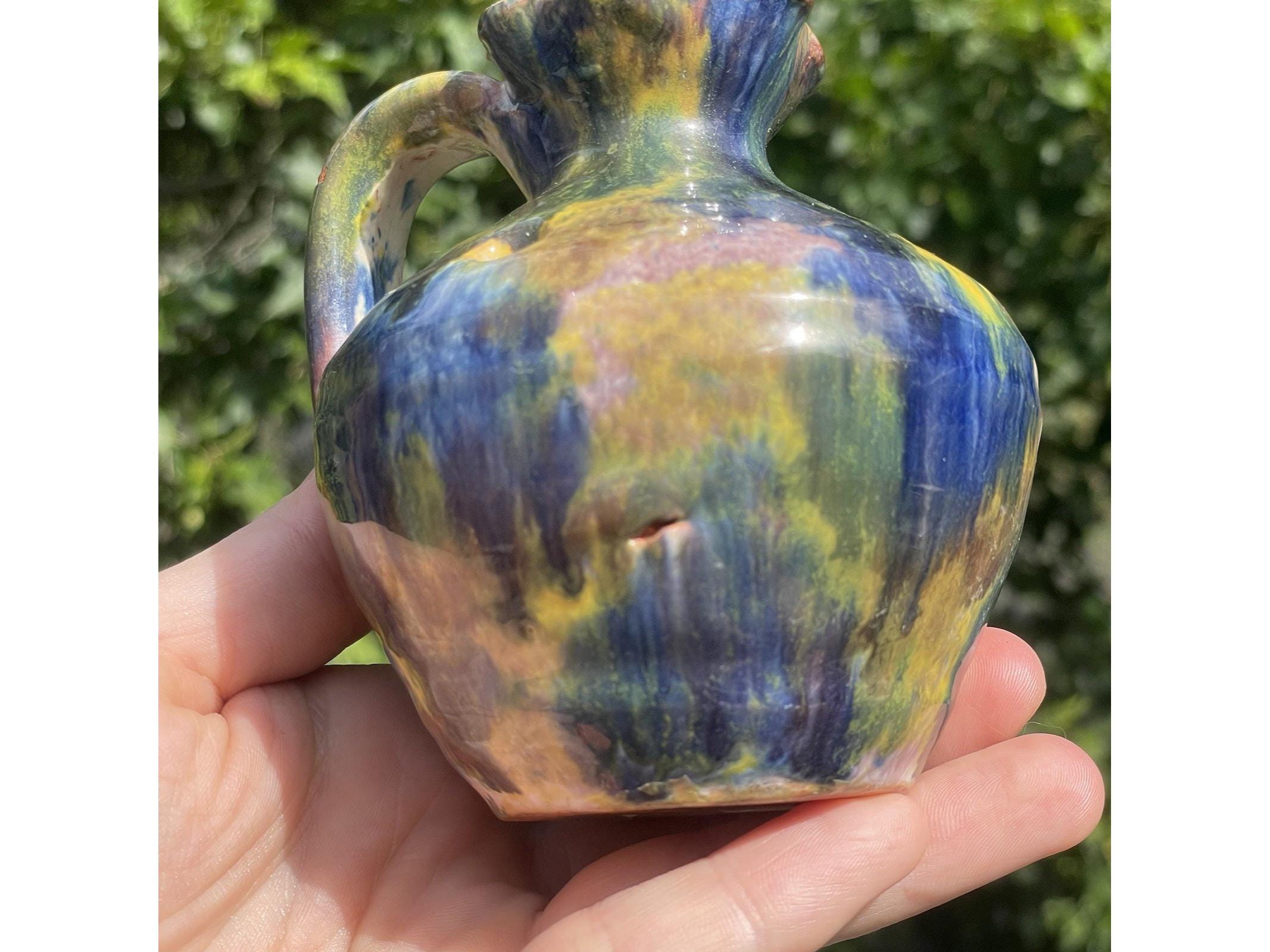 Retro Vintage Drip Glaze Redware Pottery Pierce Flower Frog Jug ...