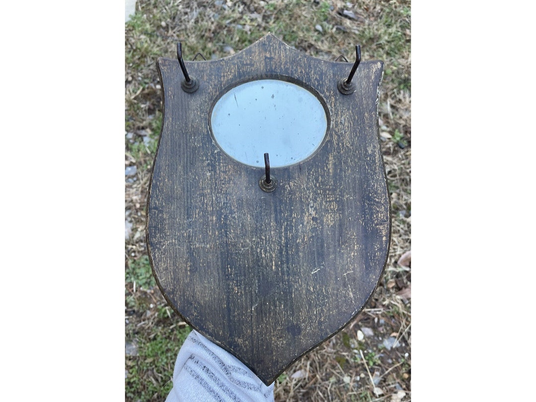 Antique 20th C. Shield W/ Bevel Glass Mirror Wall Grooming Plaque W ...