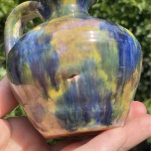 Retro Vintage Drip Glaze Redware Pottery Pierce Flower Frog Jug ...