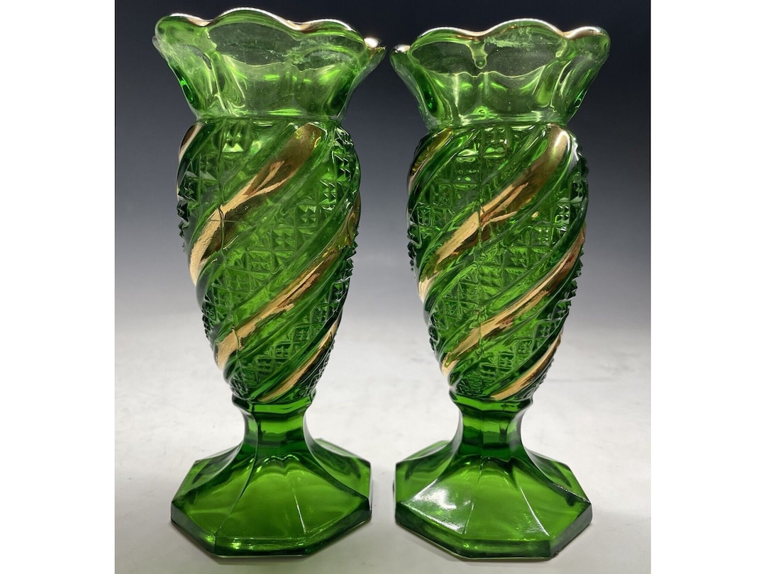 Pair of Antique 1898 Eapg Us Glass 16048 Band Diamond Green Gold Swirl ...