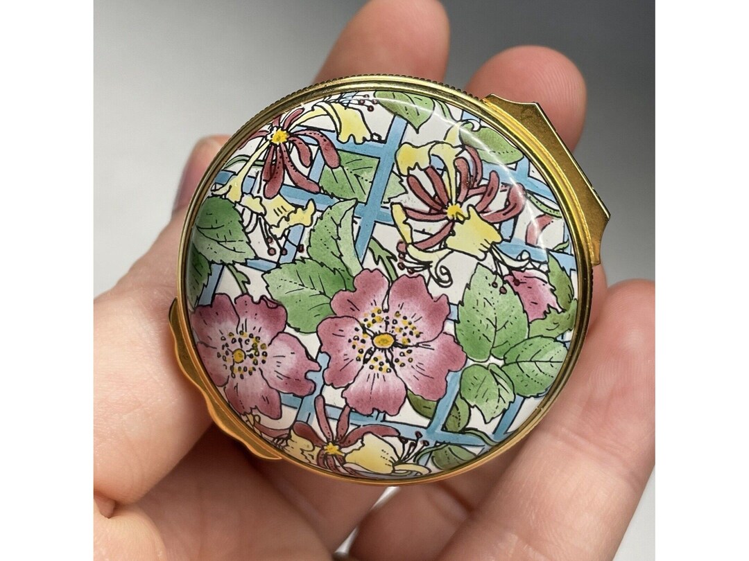 Vintage Halcyon Days Enamels Trinket Box - Pink Flower Basket Lattice ...