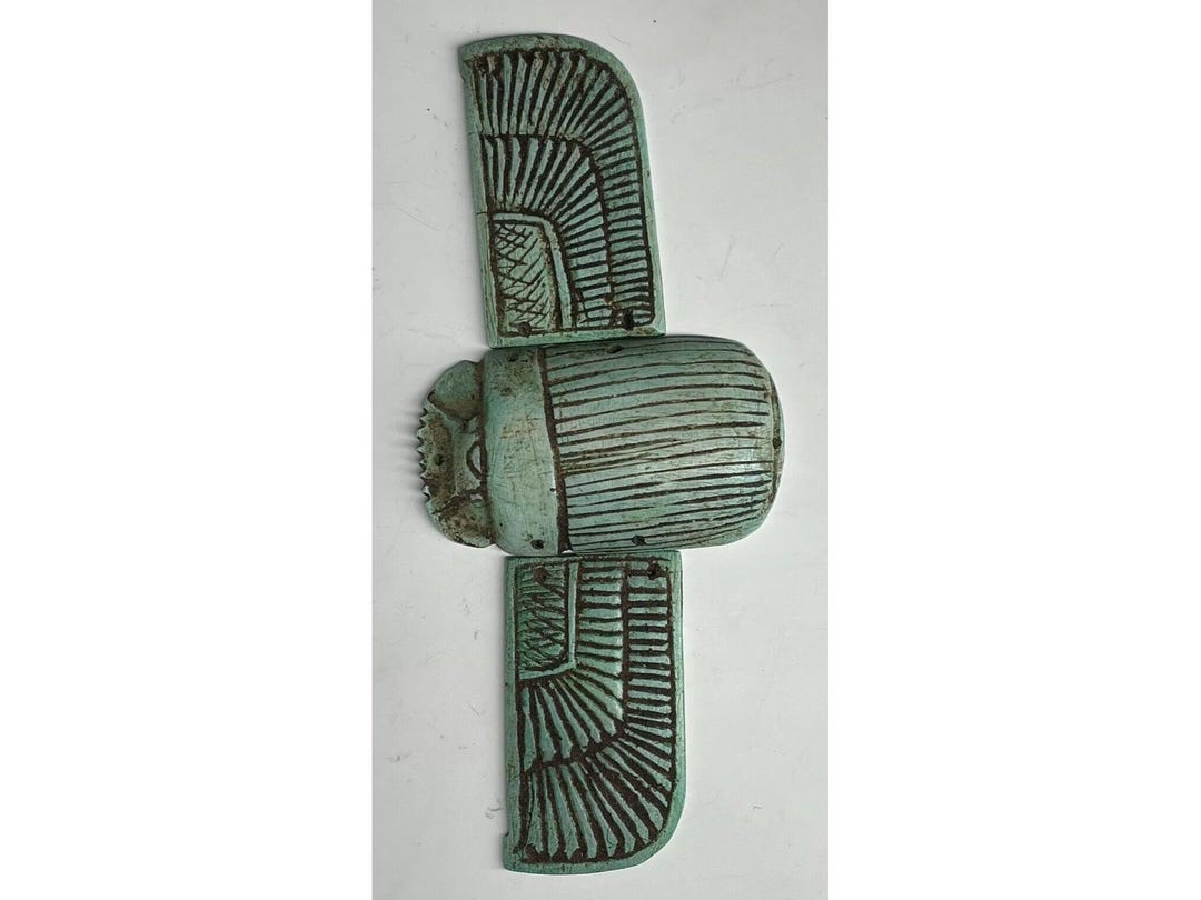 19th - 20th C. Egyptian 3 Piece Scarab Pectoral Amulet Blue Faience ...