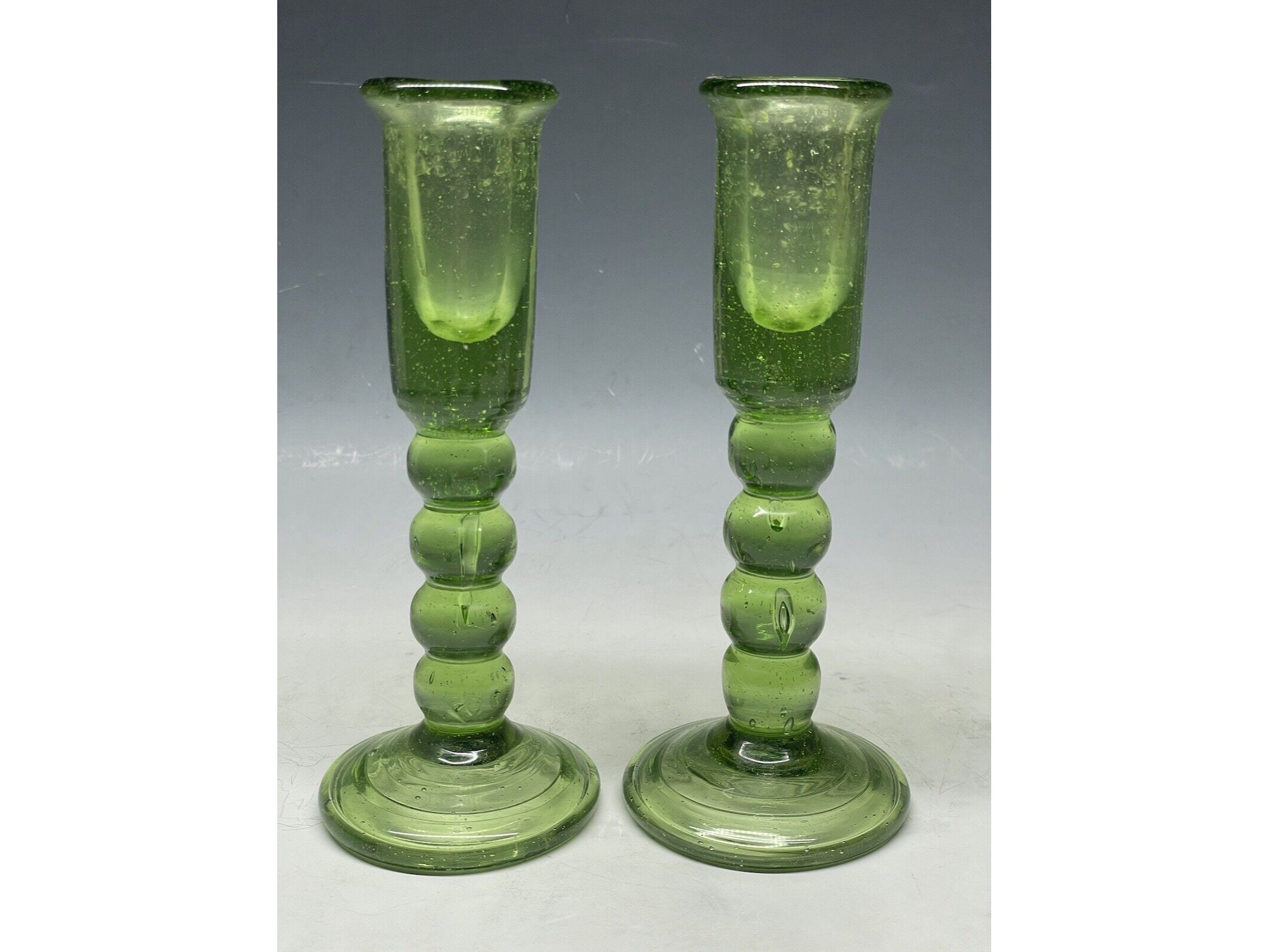 Vintage Pair Jamestown Glasshouse Hand Blown Green Glass Candle Holders ...