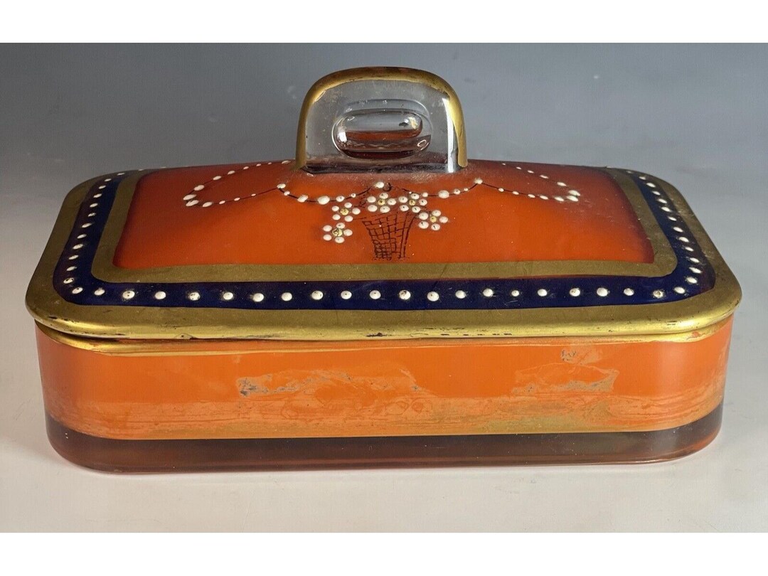 Vintage Hand Painted Orange Clear Glass Gilt Vanity Candy Box Jar ...