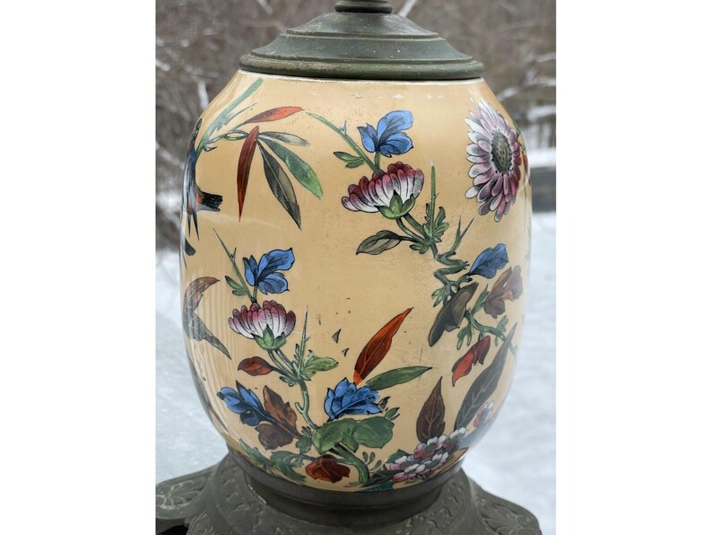 Antique Victorian - Edwardian Polychrome Bat Transferware Lamp W/ Brass ...