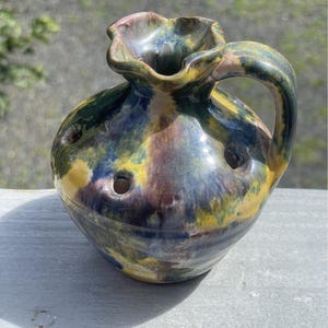 Retro Vintage Drip Glaze Redware Pottery Pierce Flower Frog Jug ...