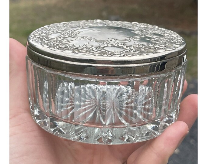 Antique Silverplated Victorian Glass Powder Puff Vanity Dresser Trinket ...