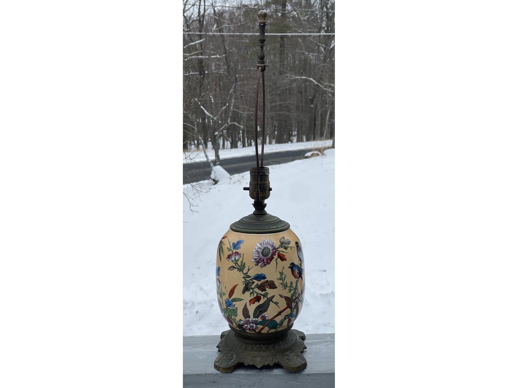 Antique Victorian - Edwardian Polychrome Bat Transferware Lamp W/ Brass ...