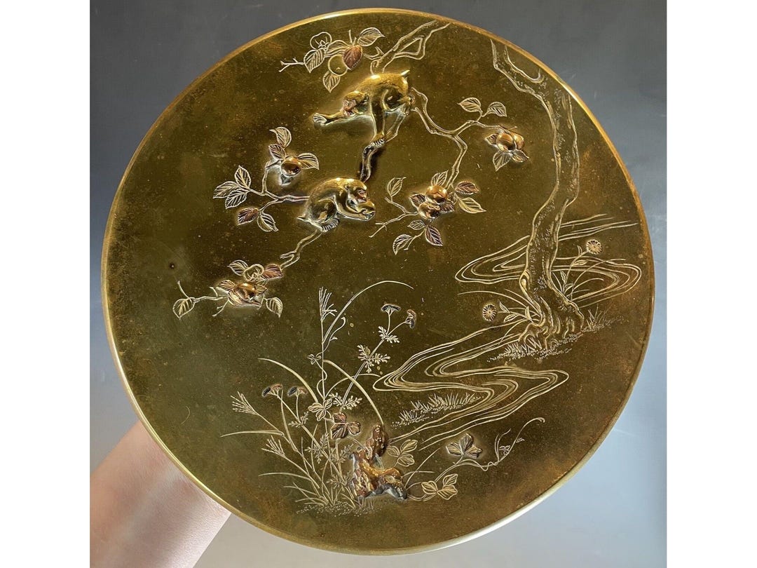 FINE Antique Meiji Japanese Mixed Metal Display Plate Charger Bronze ...