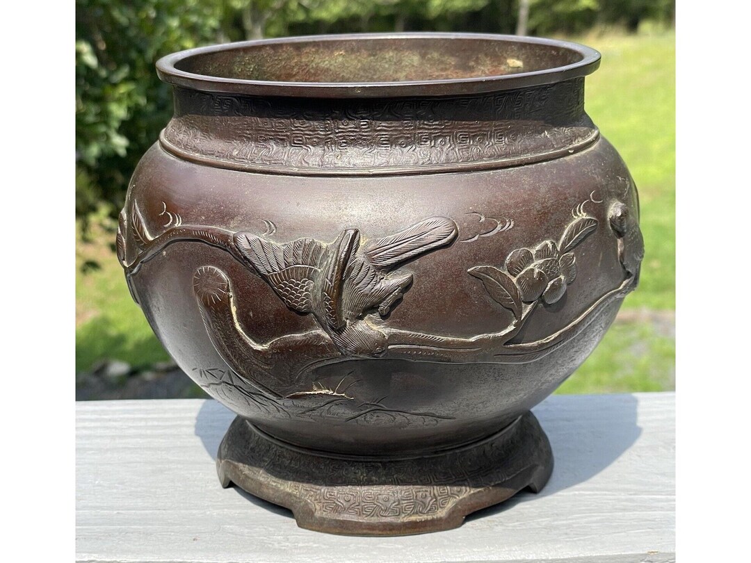 Antique Japanese Meiji Era Bronze Vase Falcon Hawk Prunus Cherry Tree ...
