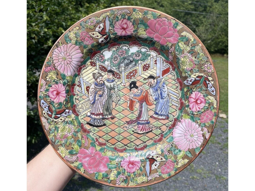 10.5" Antique Vintage Hand Painted Enamel Chinese Porcelain Court Scene ...