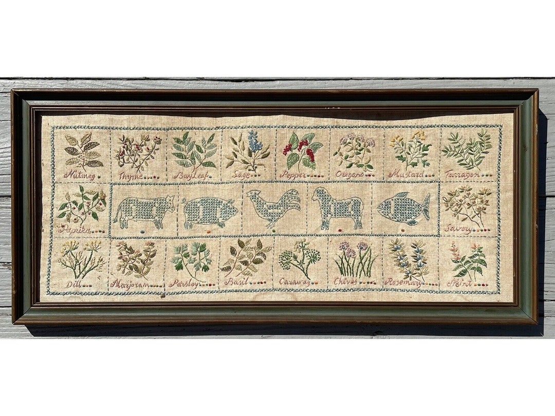 Vintage Botanical Sampler Animals Framed Wall Art Embroidery Rustic ...