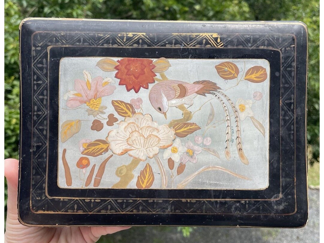 Antique / Vintage Japanese Taisho Hand Painted Wood / Lacquered Jewelry ...