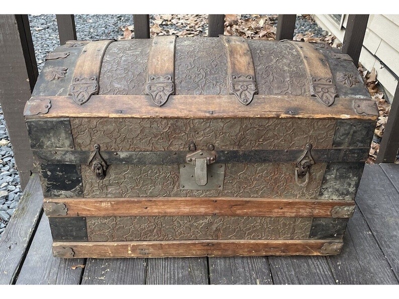 Antique 19th C. Victorian Dome Topped Tooled Leather Steamer Trunk ...