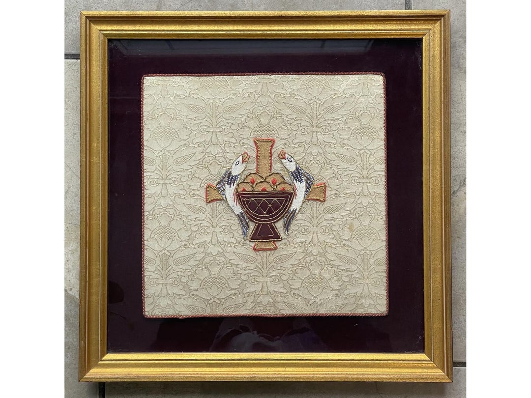 Antique Hand Embroidered Eucharist Christian Art Fish Goblet Bread ...