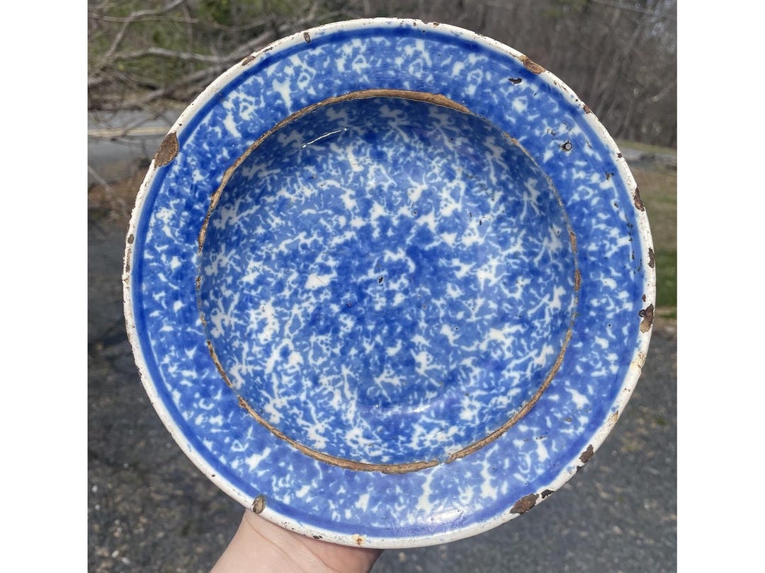 EARLY Antique Blue Spongeware Deep Bowl Pan Primitive Rustic Pottery - Etsy