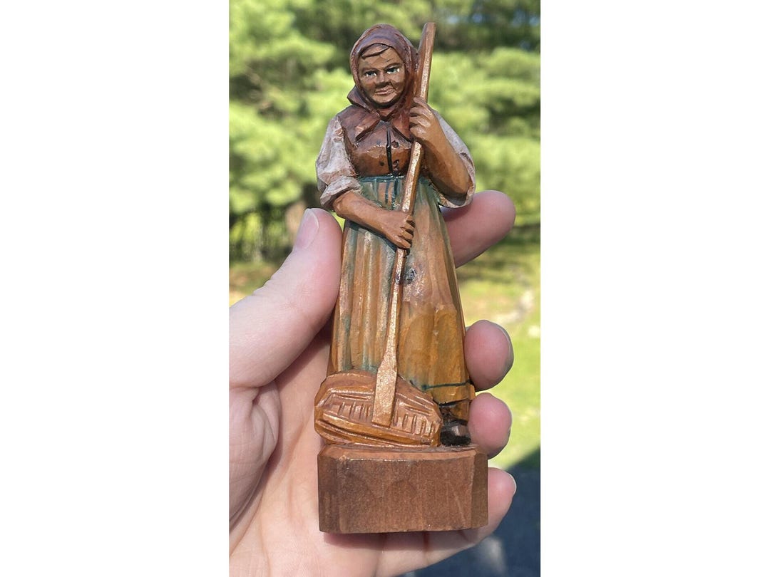 Vintage 20th C. Wooden Carving Miniature Woman Folk Art Wood Carved ...