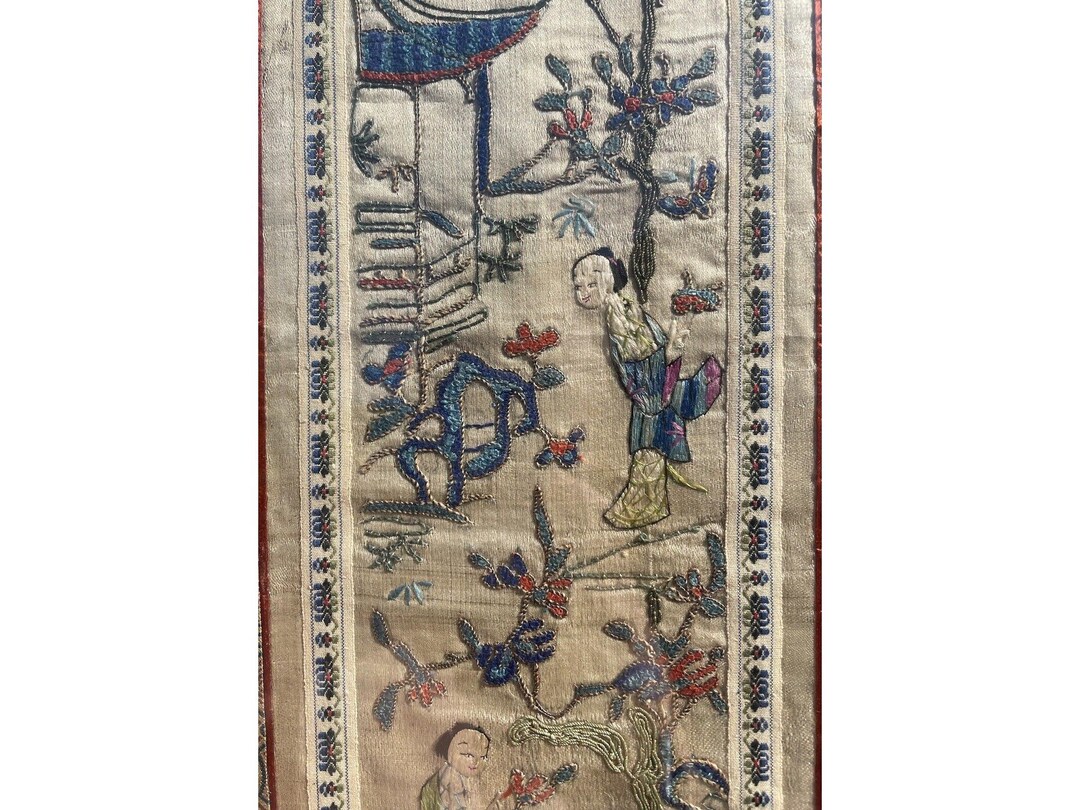Antique Chinese Framed Forbidden Stitch Embroidered Textile Fabric ...