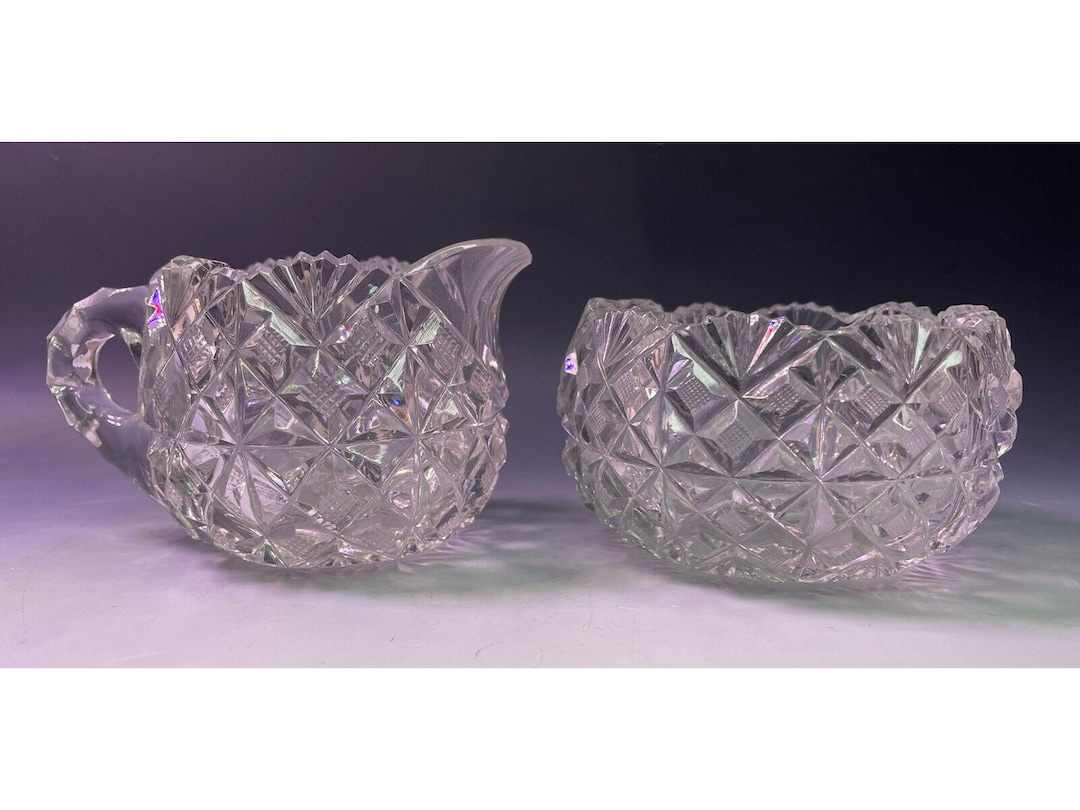 Antique American Brilliant Period Cut Glass Creamer Sugar Fan & Diamond ...