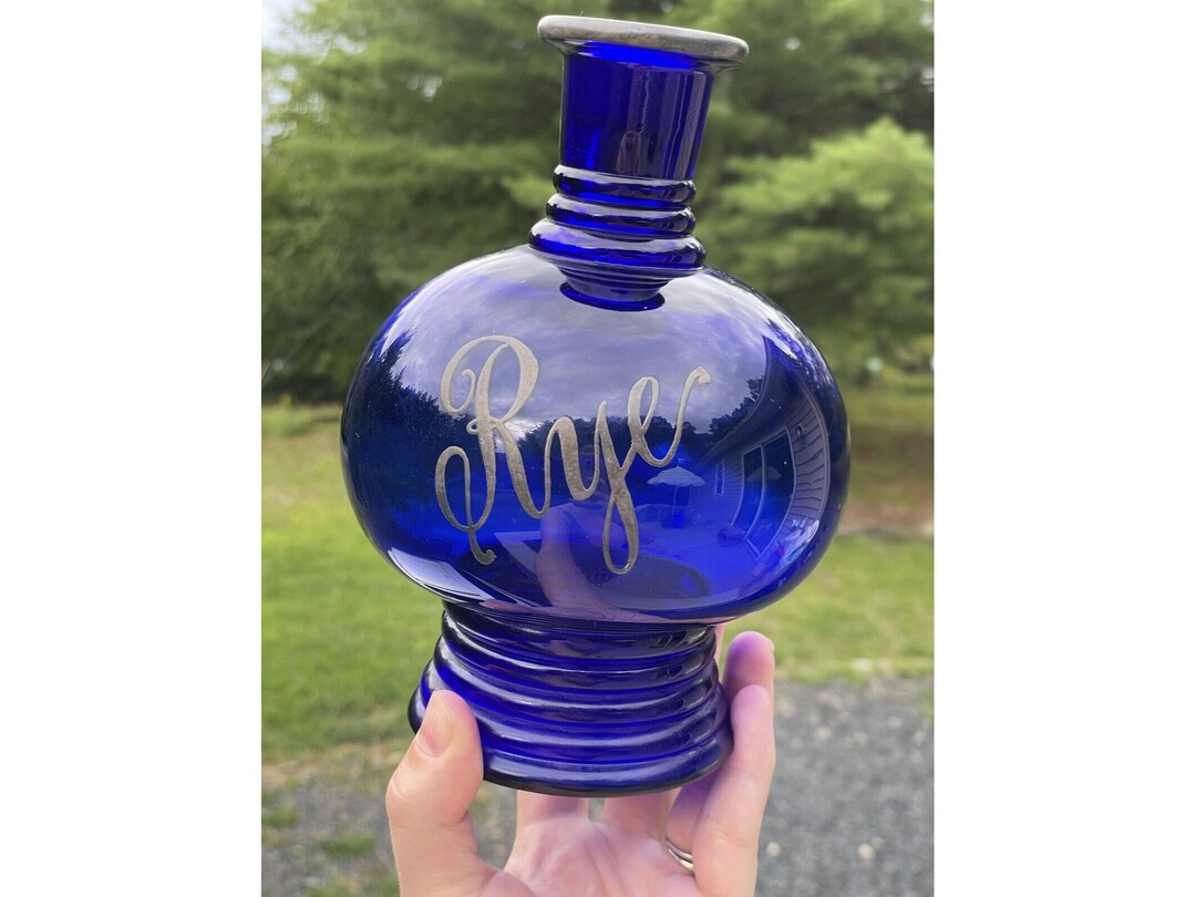 Early 20th C. Cobalt Blue Glass Rye Bottle With Silver Overlay Vintage ...