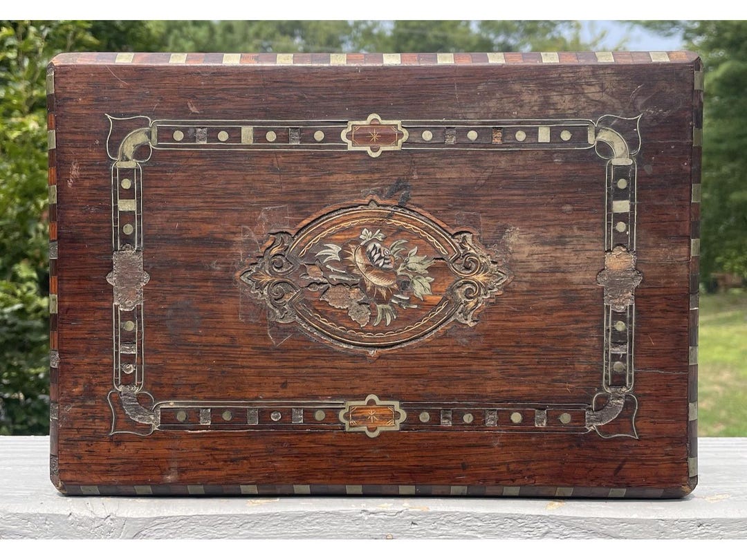 Antique English Wooden Gambling Box Inlaid Abalone Shell & Metal ...