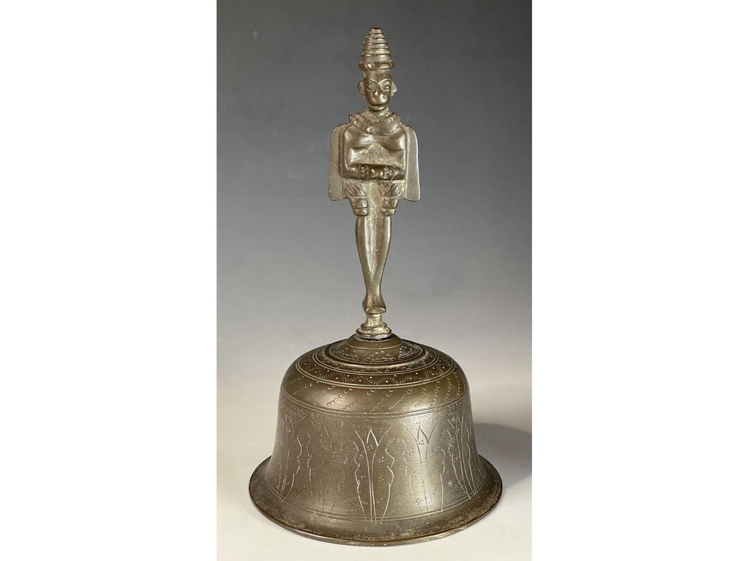 Antique Vintage Benin African Cast Bronze Bell W/ Figure & Etchings ...