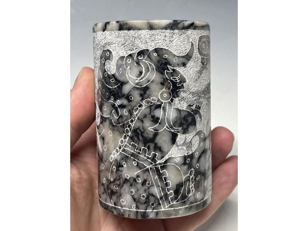 Vintage 20th C Mexico Etched Marble Stone Carved Cylindrical Vase Pre ...
