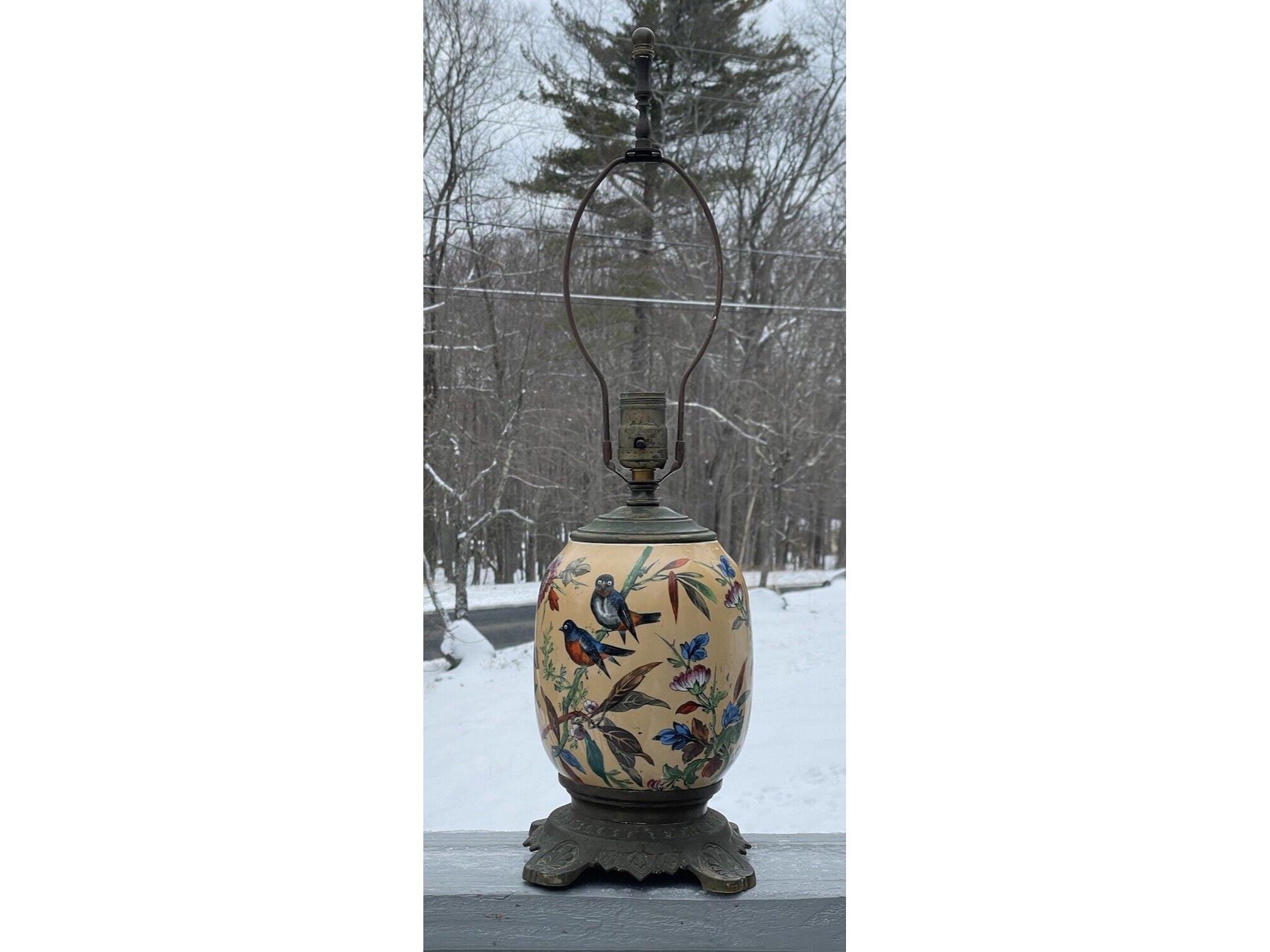 Antique Victorian - Edwardian Polychrome Bat Transferware Lamp W/ Brass ...