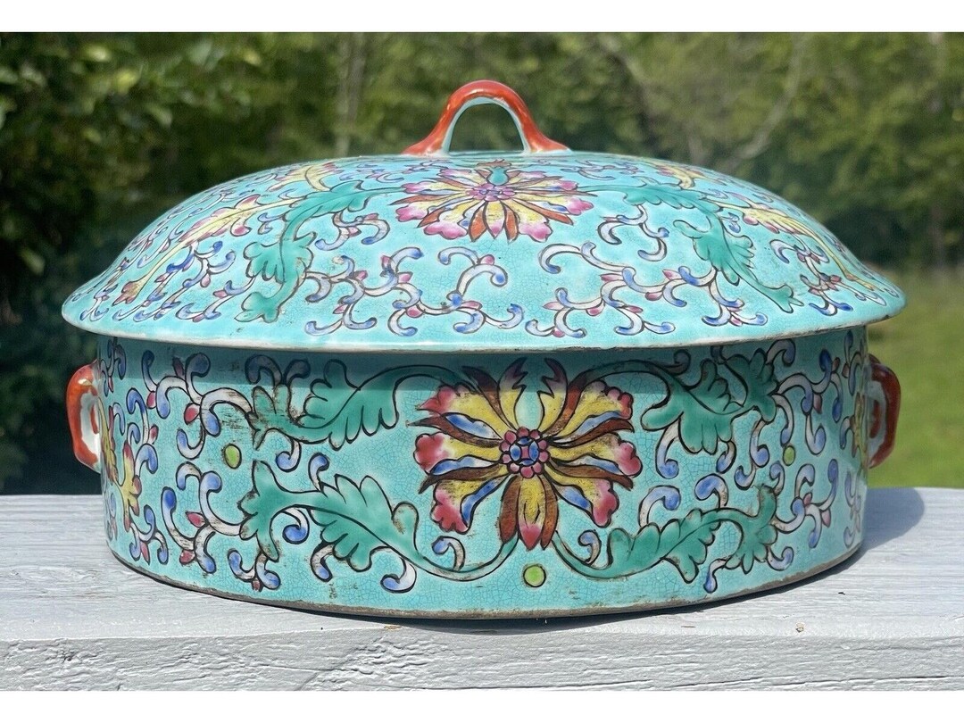 LARGE Hand Painted Chinese Tongzhi Qing Porcelain Turquoise Lidded Box ...