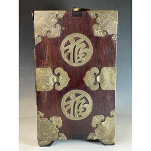 Antique Chinese Republic Era Wooden & Brass Cosmetic Carry Travel Box ...