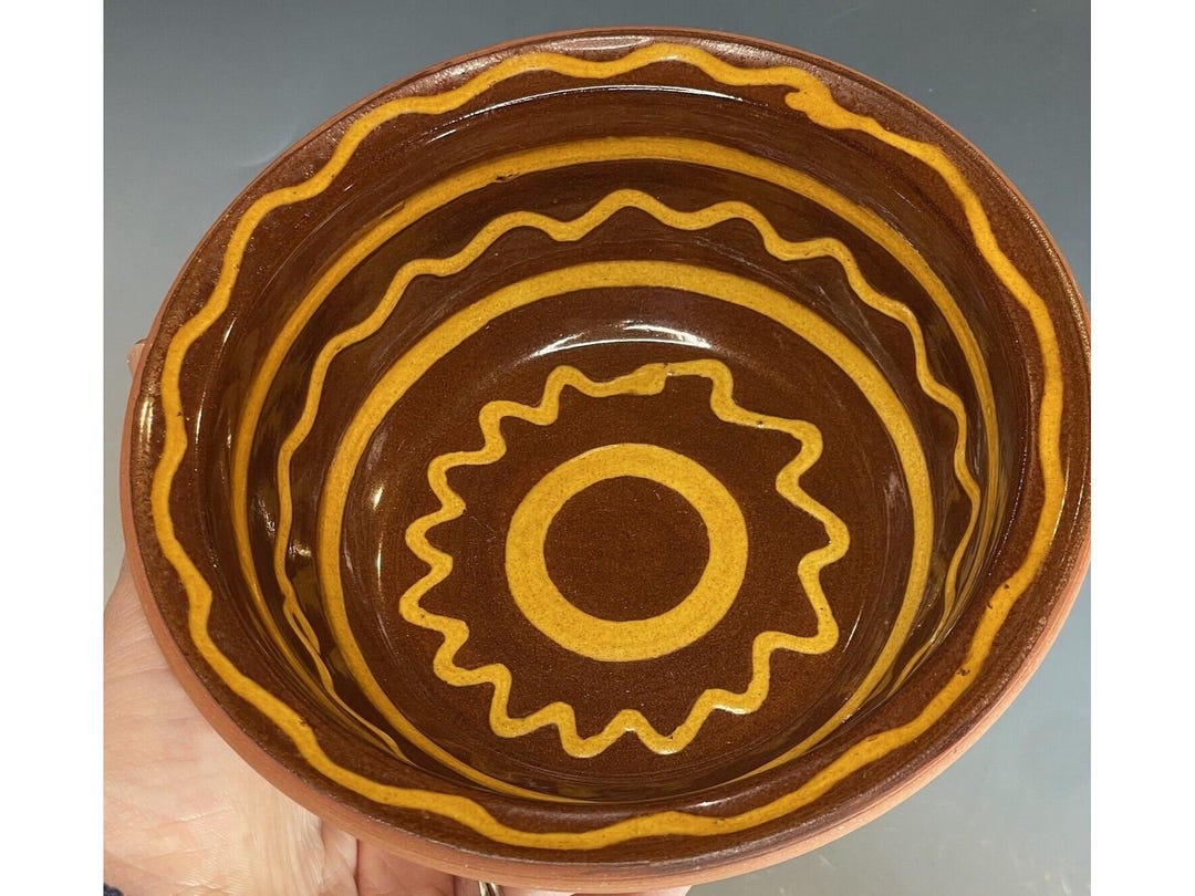 6.5" Vintage 20th C Breininger Pennsylvania Redware Folk Art Glazed ...