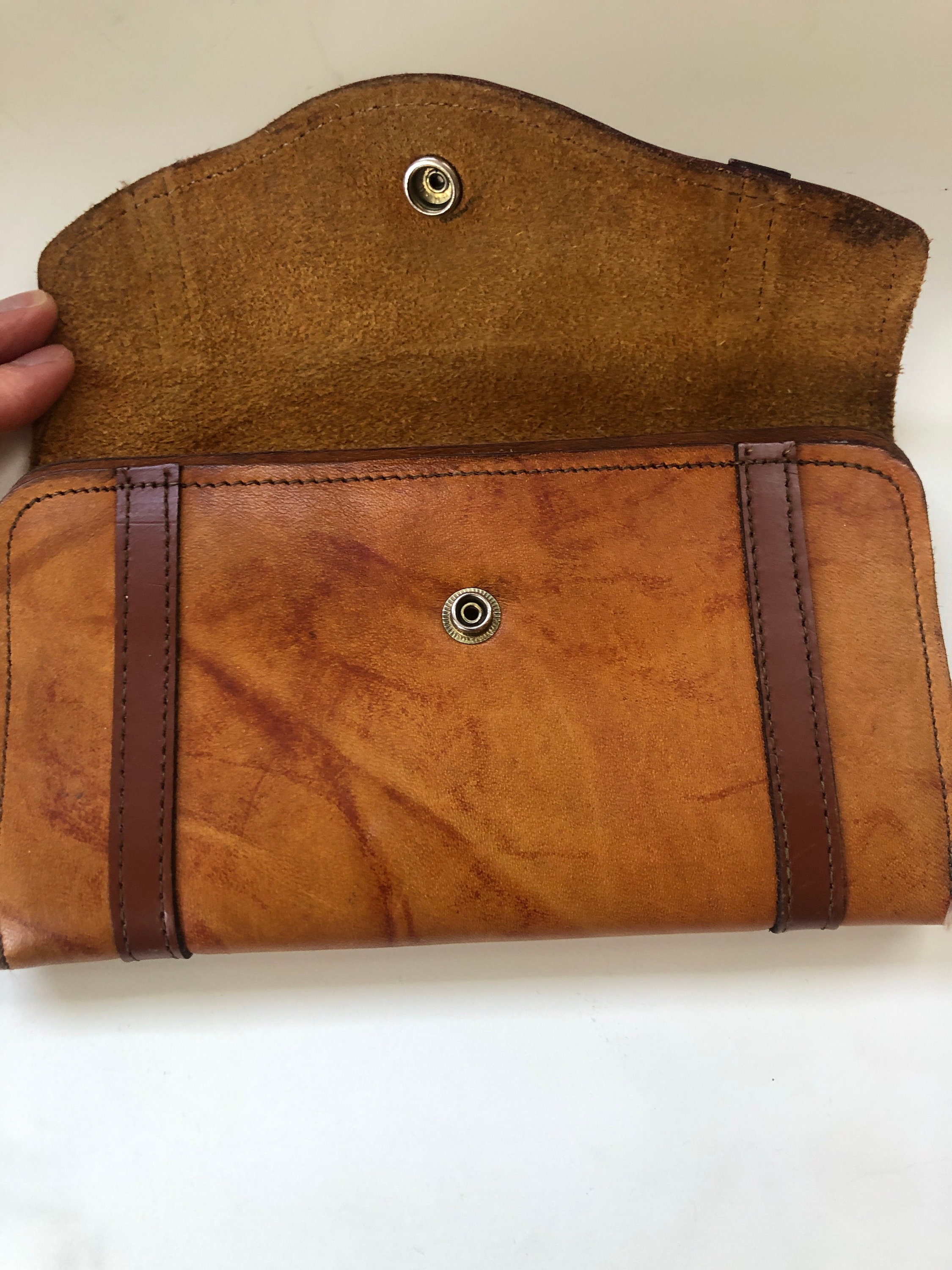 Vintage Two-toned Leather Tri-fold Bifold Long Wallet, Metal Snap Front ...