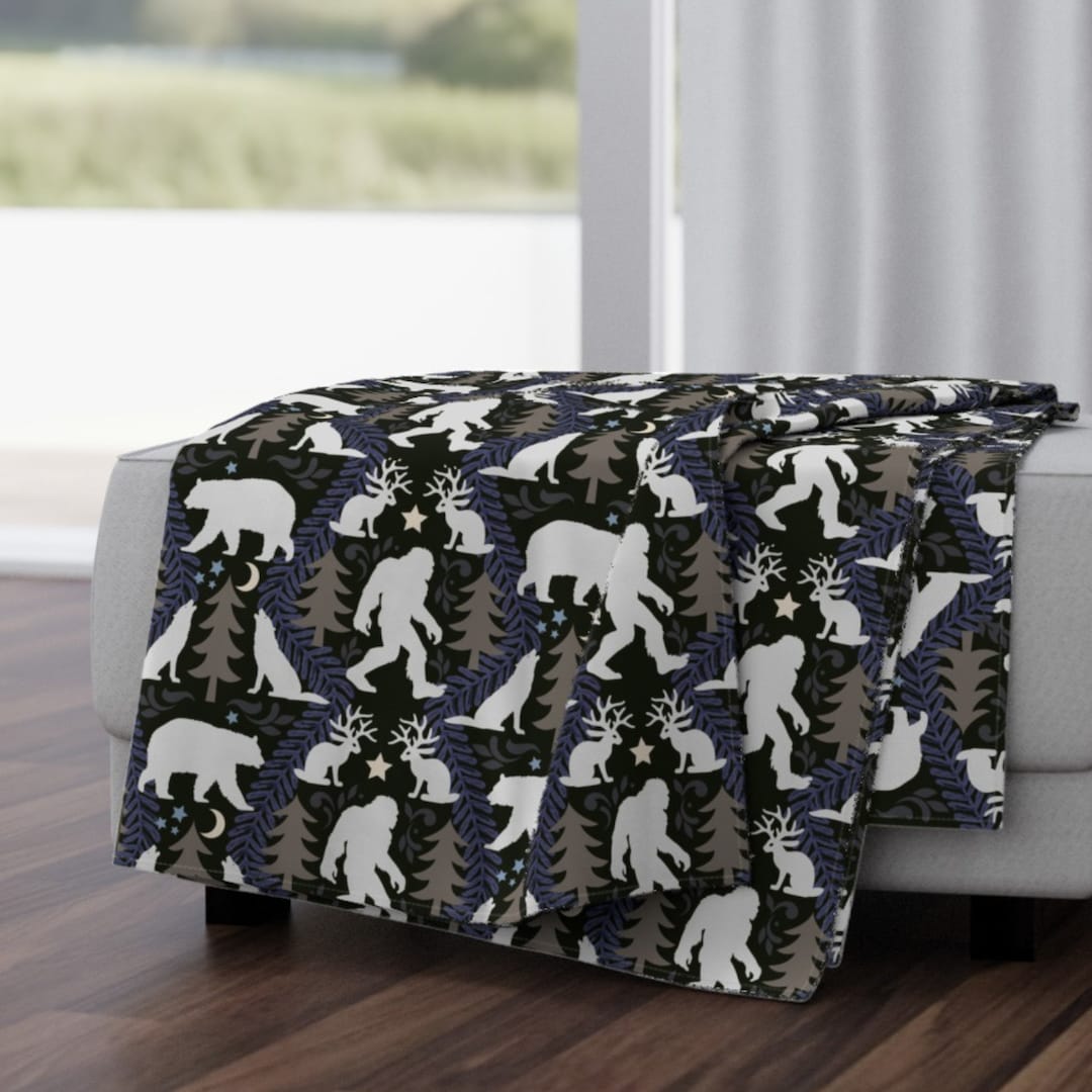 Bigfoot Throw Blanket, Sasquatch and Forest Animals, Black Bear, Wolf ...